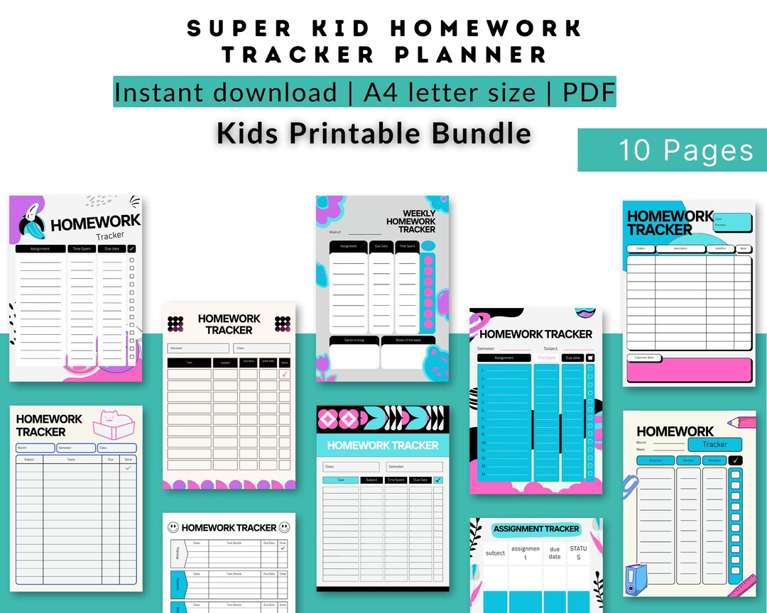 Super Kid Homework Tracker Planner, Printable Kids Homework Planner ...
