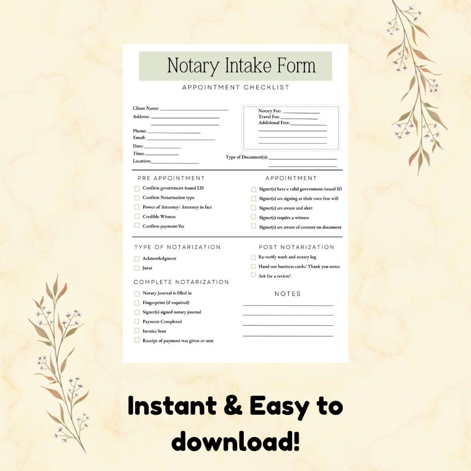 Notary Client Intake Form Signing Agent Notary Forms Appointment ...