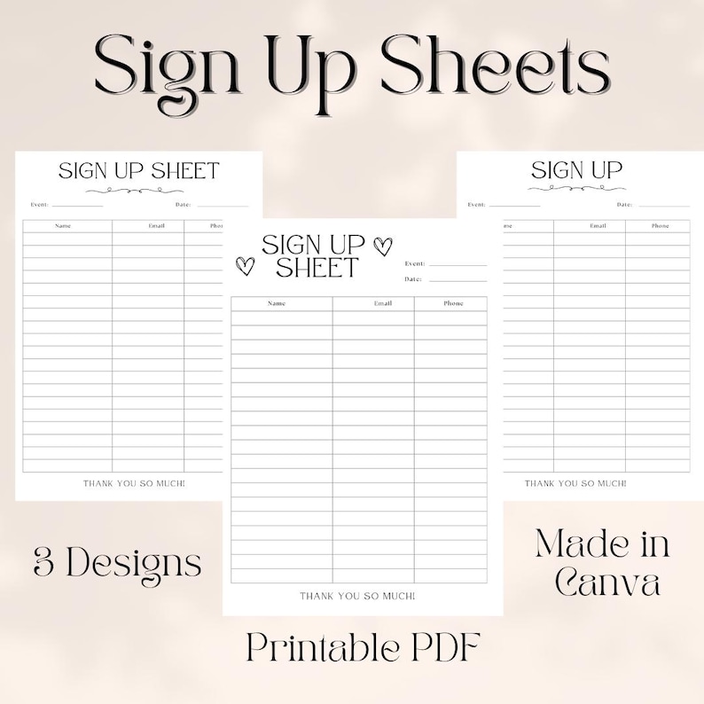 Minimalist Sign up Sheets Printable Digital Sign-up Pages for Events ...