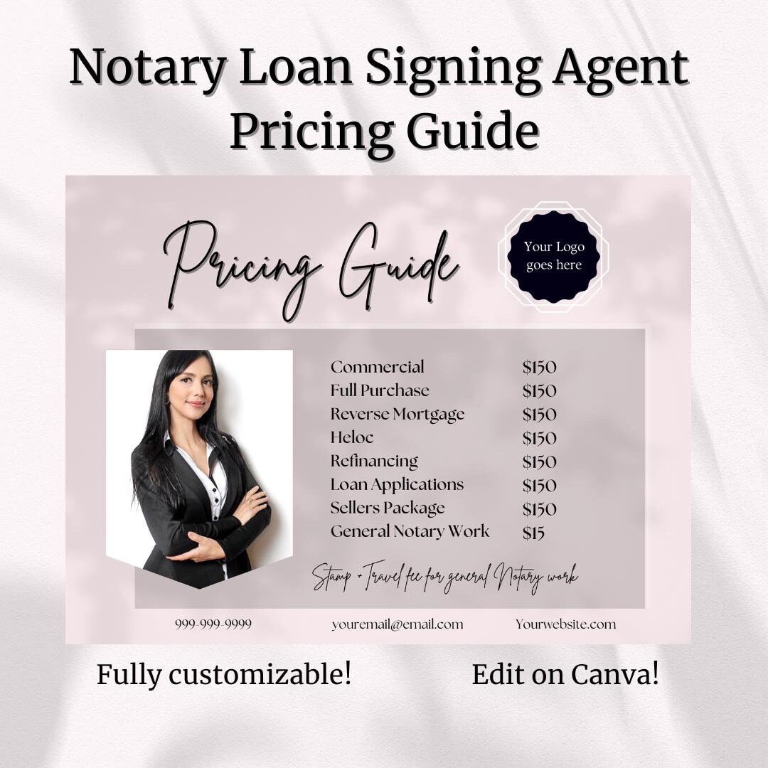 Notary Public Pricing Guide Template for Mobile Notary Business Editable Canva Template Notary ...