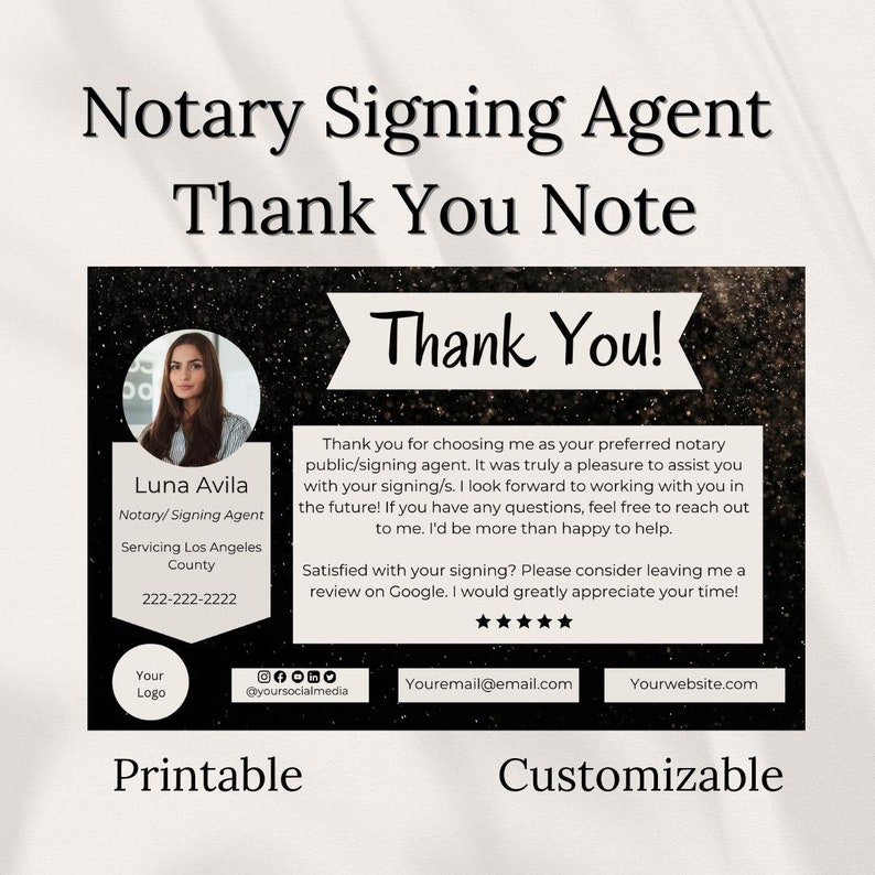 Notary Signing Agent Thank You Note Template Editable Notary Template ...