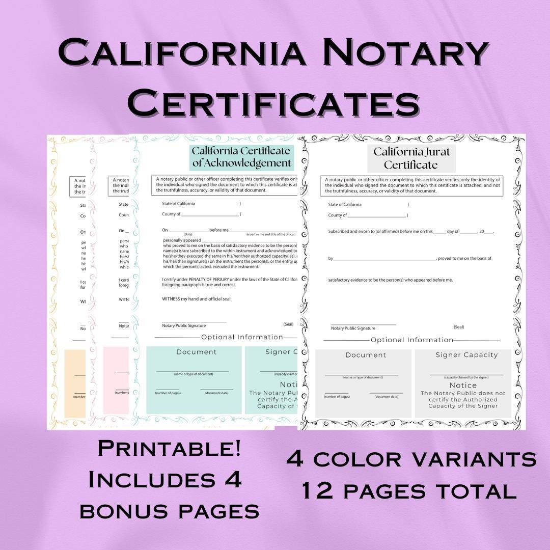 California Notary Certificate Printable Set Notary Public ...
