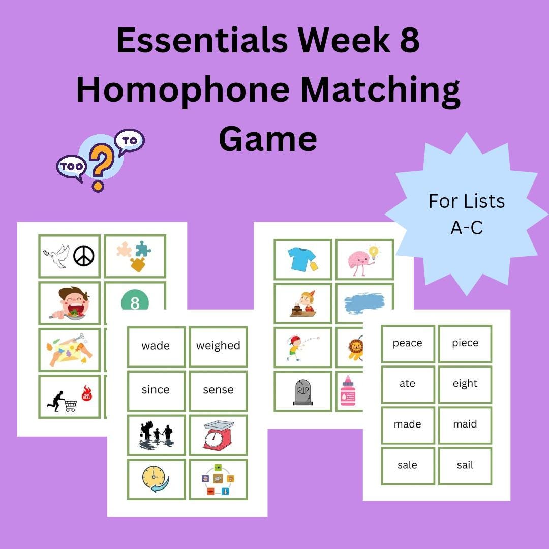Essentials Homophone Flashcard Matching Game Week 8 lists A-C ...