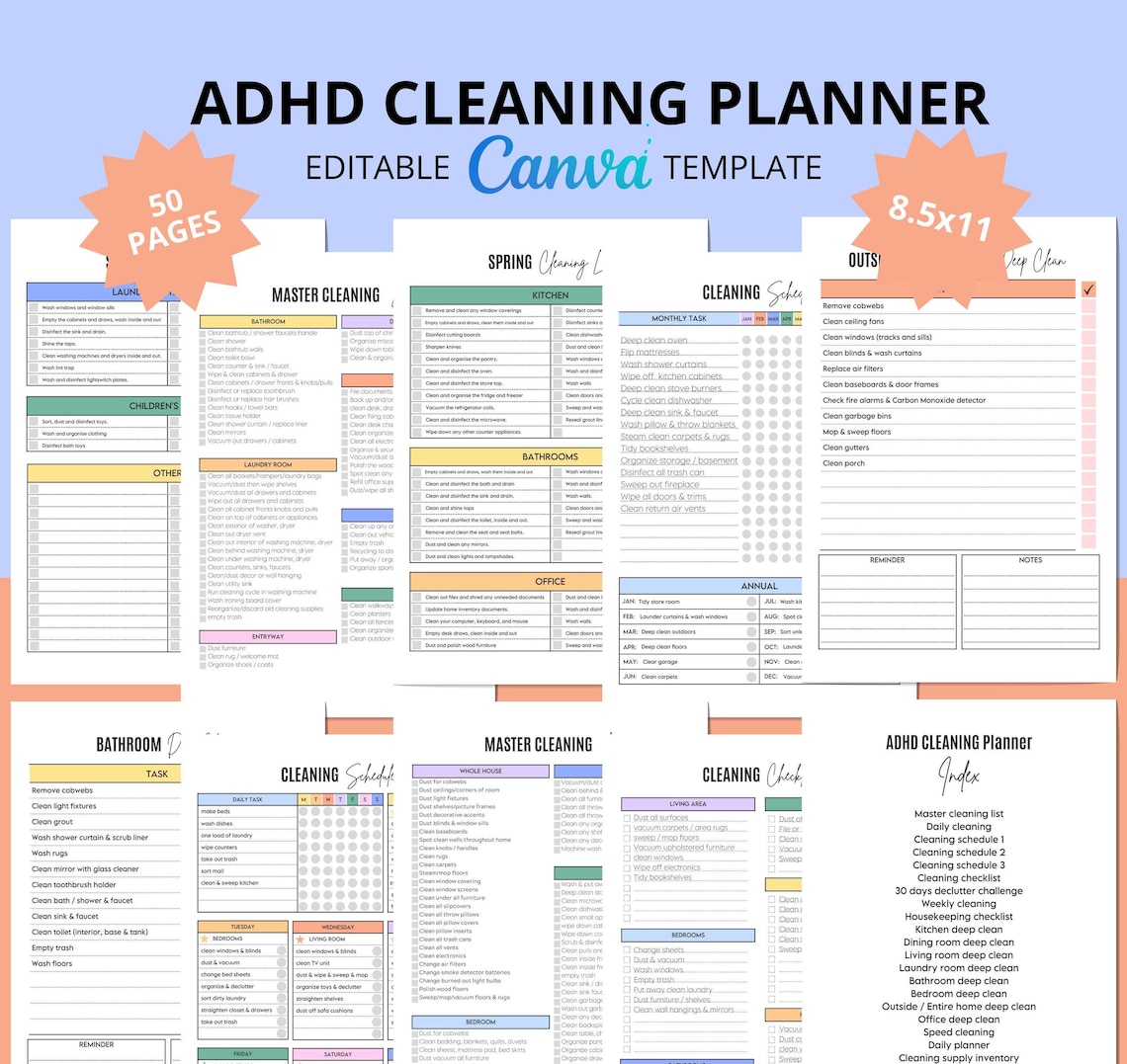 ADHD Planner Digital Printable, Editable ADHD Cleaning Schedule ...