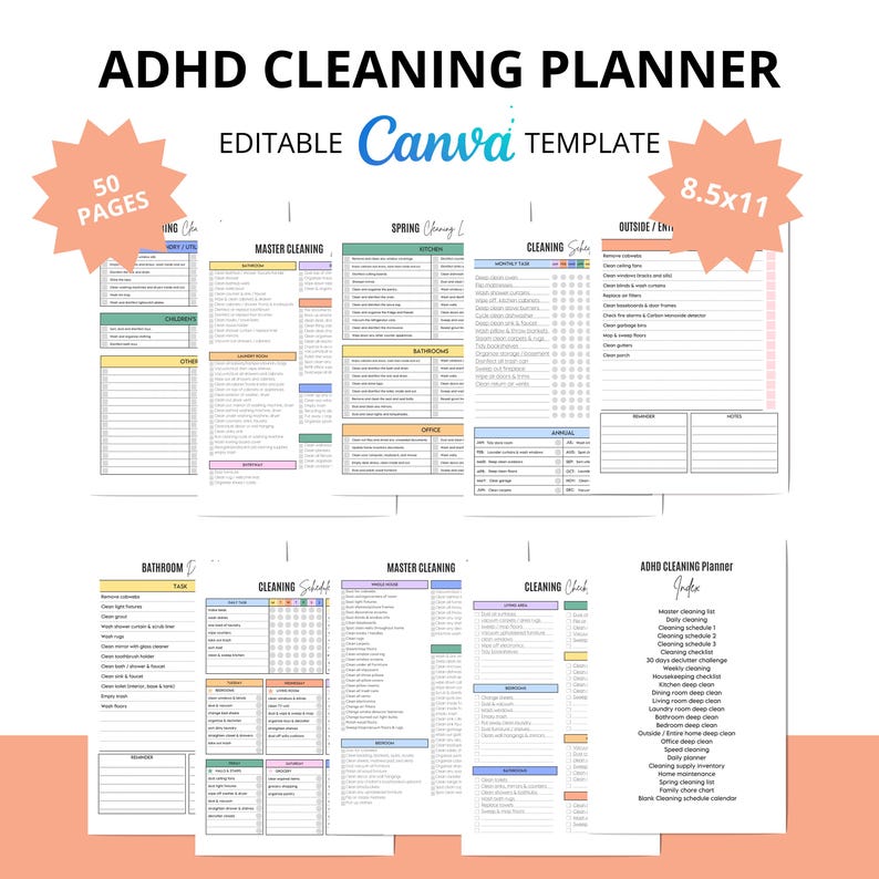Editable ADHD Cleaning Schedule Template Bundle, ADHD Cleaning Planner ...