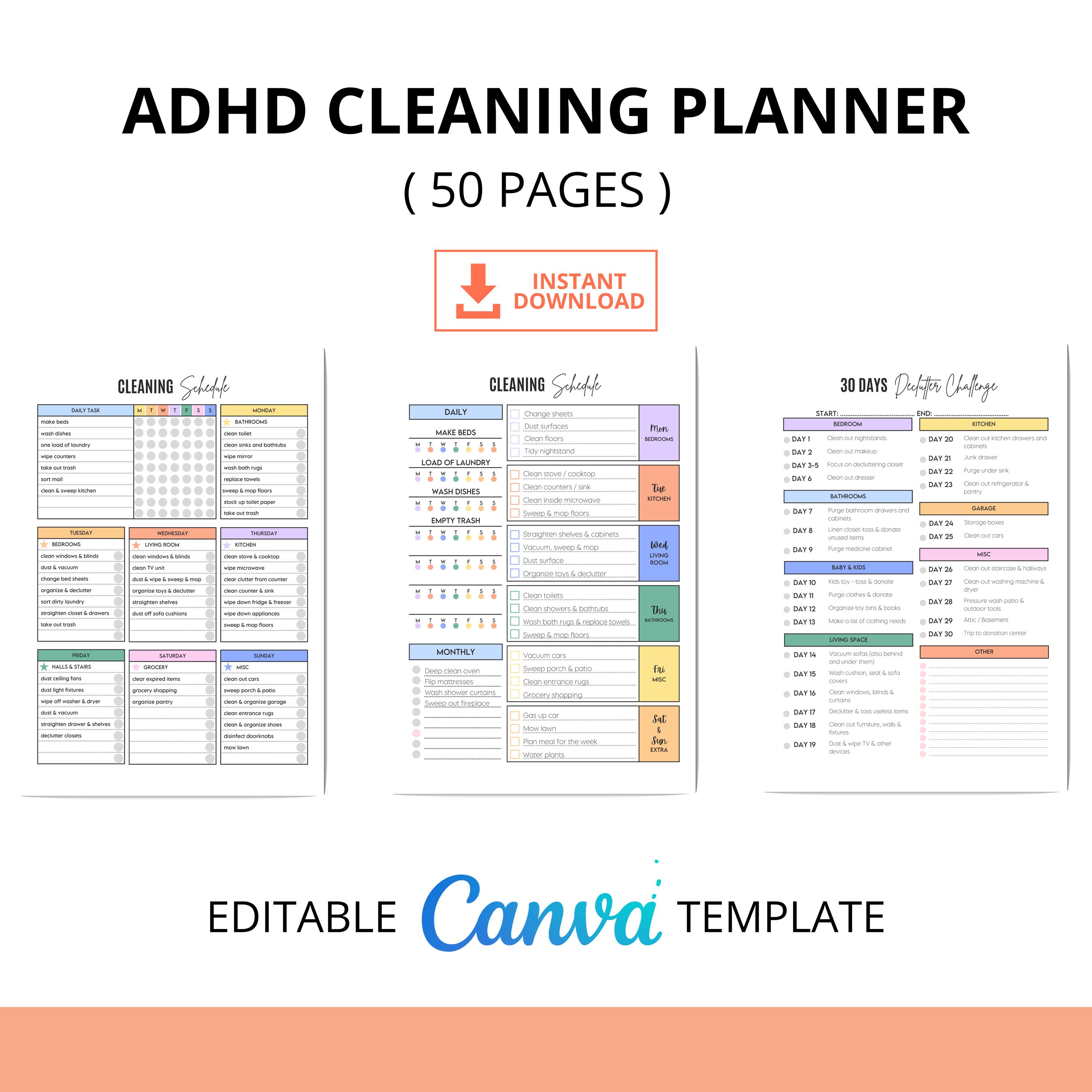 Editable ADHD Cleaning Schedule Template Bundle, ADHD Cleaning Planner ...