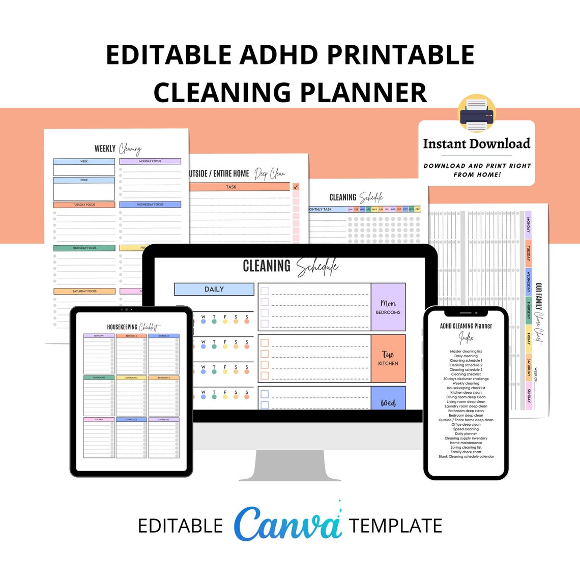 Editable ADHD Cleaning Schedule Template Bundle, ADHD Cleaning Planner ...