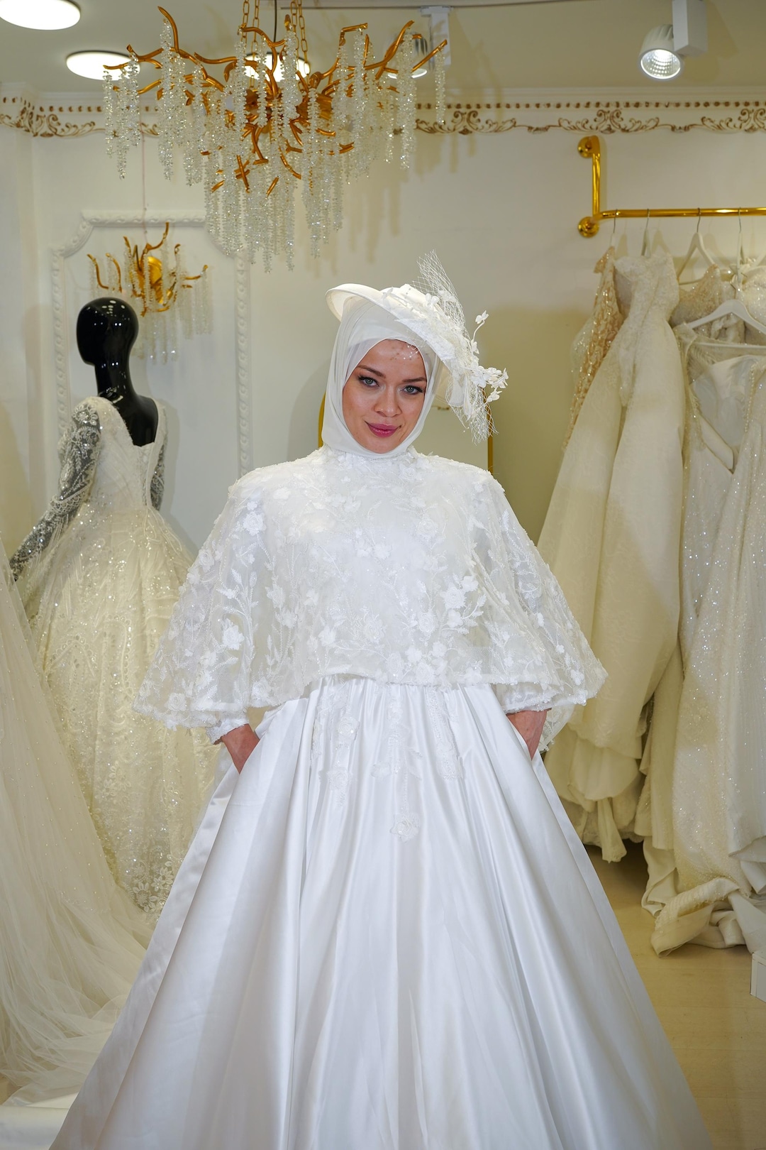Elegant Hijab Wedding Dress: Lace, Satin Cape, Floral Hat - Etsy