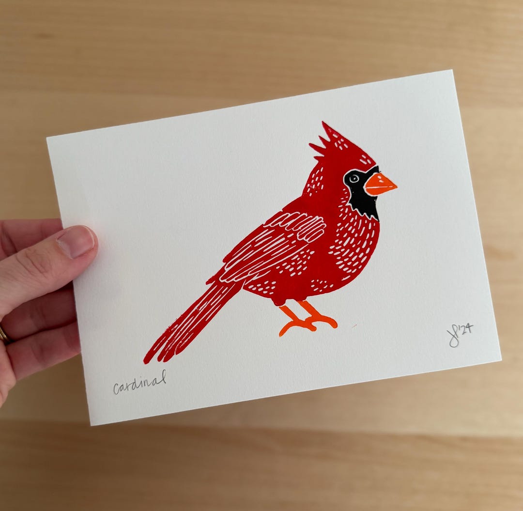 Cardinal Linocut Print | Red Cardinal | Bird Art | Bird Print | Linocut ...