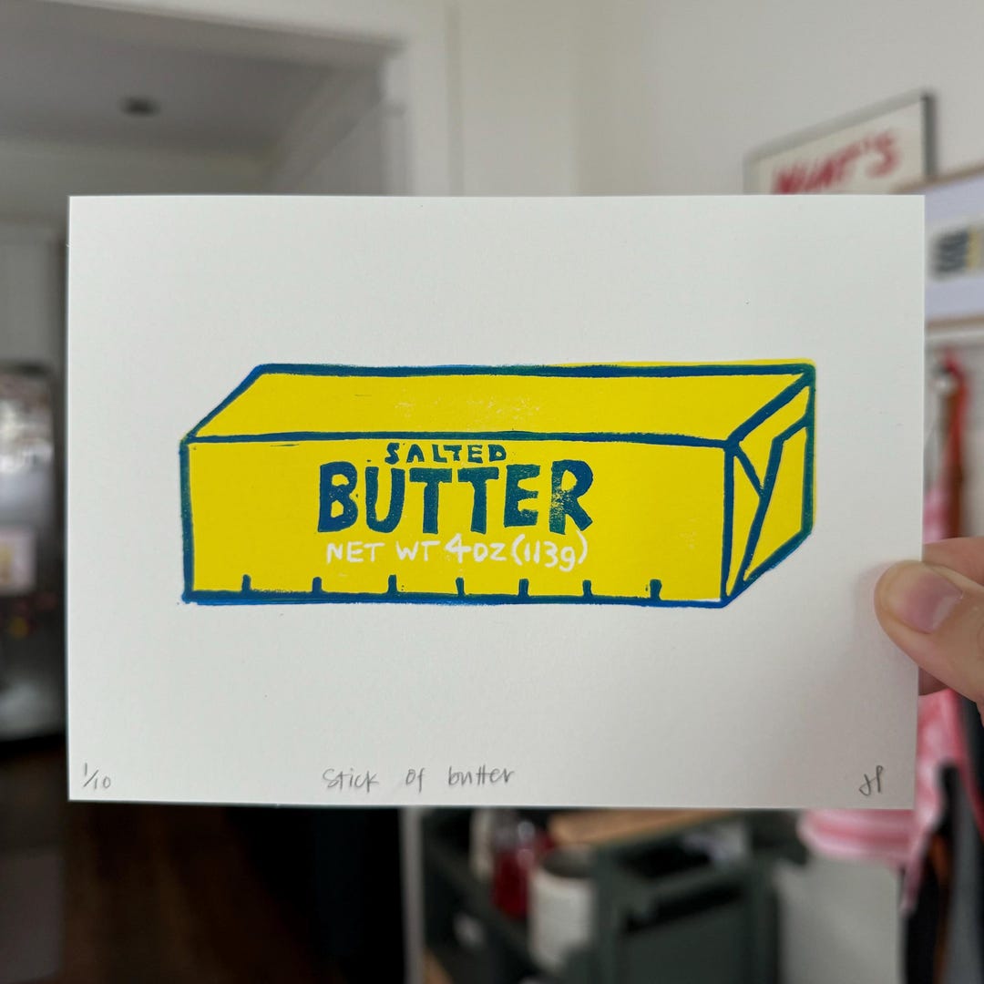 Stick Of Butter Linocut Butter Print Food Art Kitchen Art Print Original Art Block Print Hand