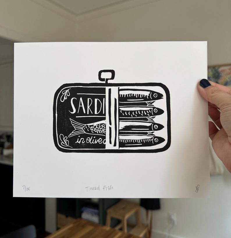Tinned Fish Linocut Print | Sardines Print | Food Art | Original Art ...