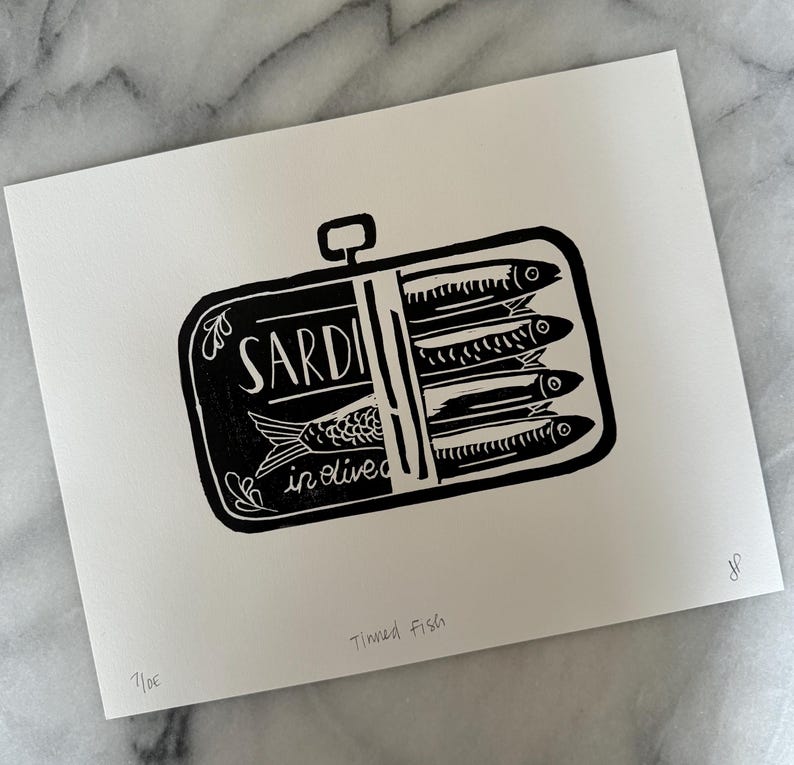 Tinned Fish Linocut Print | Sardines Print | Food Art | Original Art ...