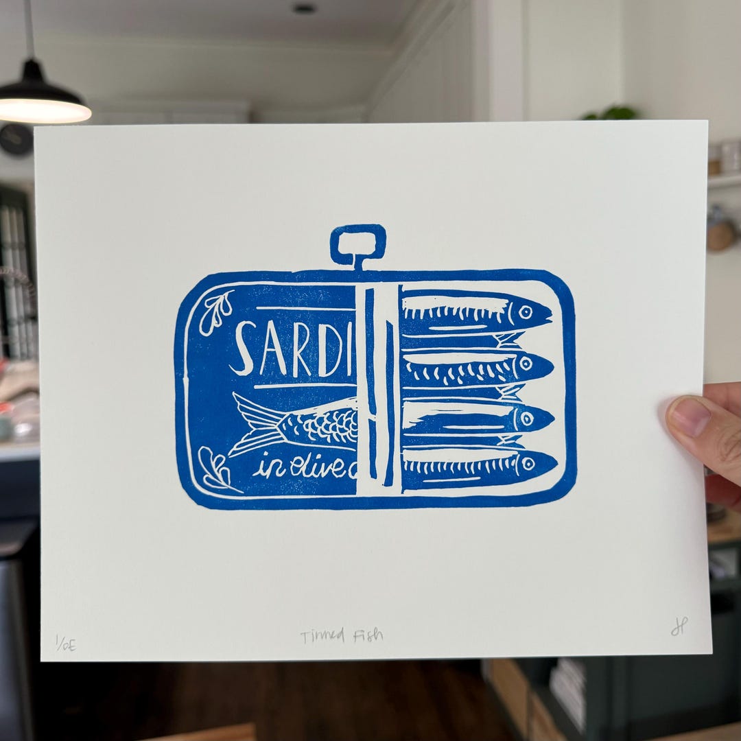 Tinned Fish Linocut Print | Sardines Print | Food Art | Original Art ...