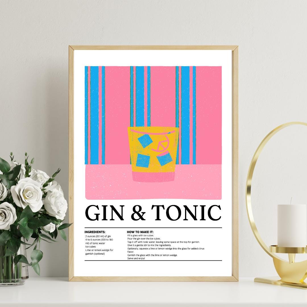 Gin and Tonic Poster, Gin, and Tonic Wall Art, Cocktail Wall Art, Gin ...