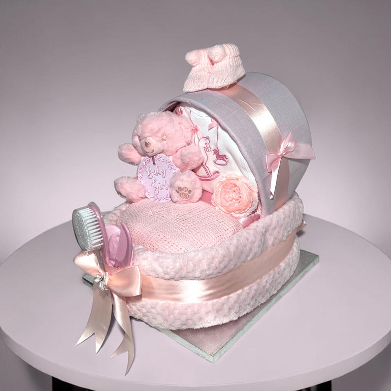 Baby Girl Pink Nappy Cake Pram Gift, Handmade Newborn Hamper, Baby ...