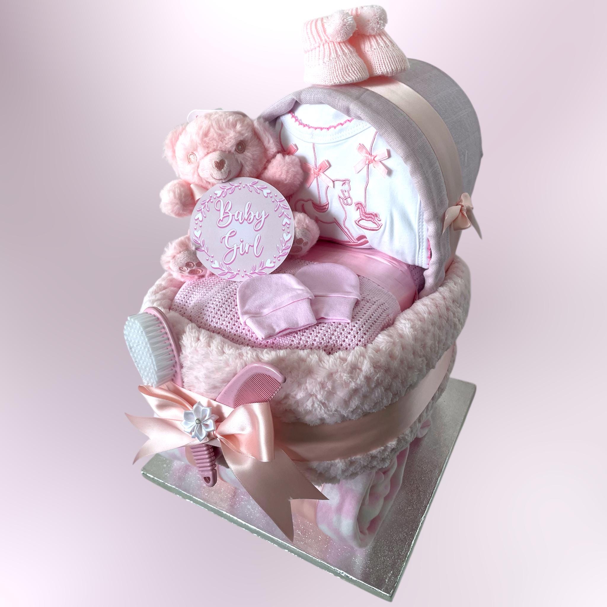Baby Girl Pink Nappy Cake Pram Gift, Handmade Newborn Hamper, Baby ...