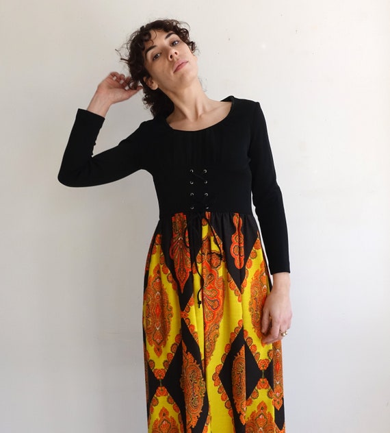Vintage 60s Corset Waist Psychedelic Print Maxi Dress… - Gem