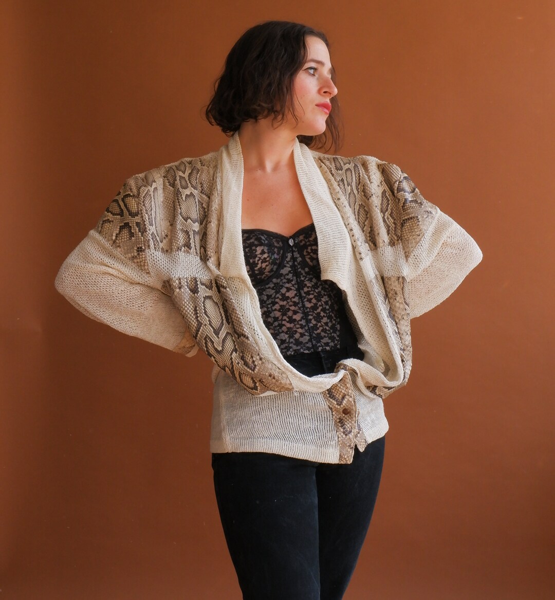 Vintage 80s SNAKESKIN and Mesh Jacket/ 1980s Strong Shoulder Cardigan ...