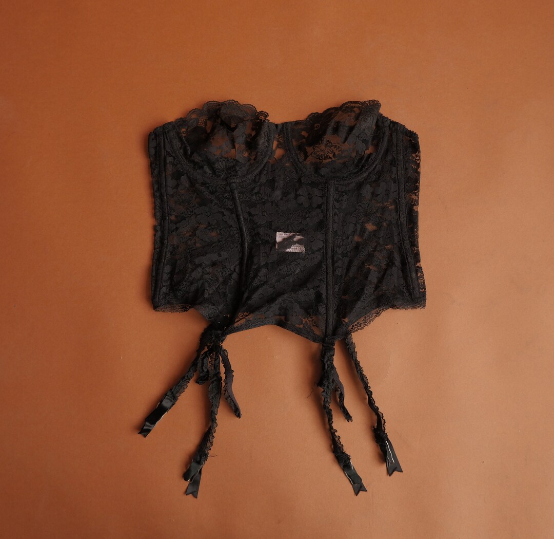 Vintage 80s Lace Bustier With Garter Clips/ 1980s Sheer Black Corset ...