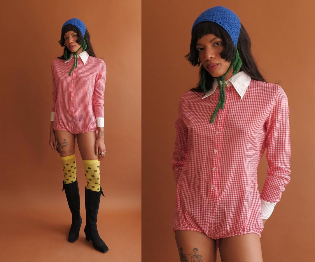 Vintage 70s Gingham Bodysuit/ 1970s Red White Long Sleeve Romper/ Size ...