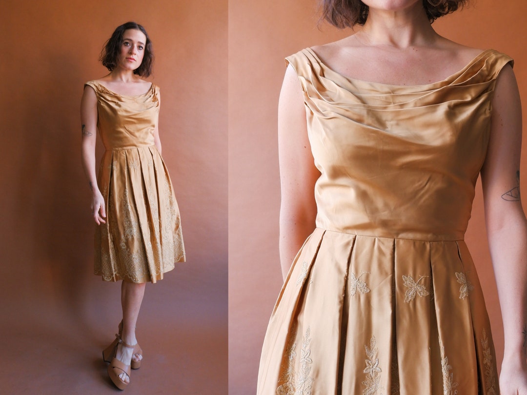 Vintage 50s Gold Satin Cocktail Dress With Draped Neckline/ Size XS ...