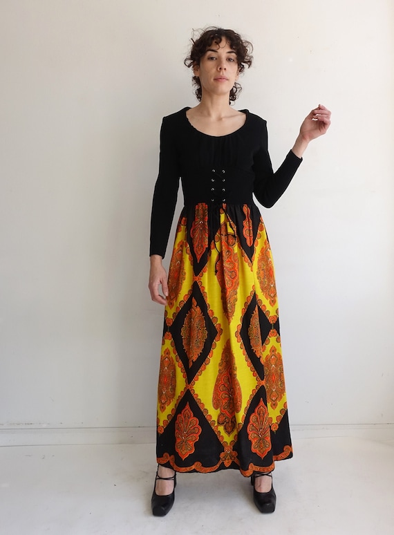 Vintage 60s Corset Waist Psychedelic Print Maxi Dress… - Gem