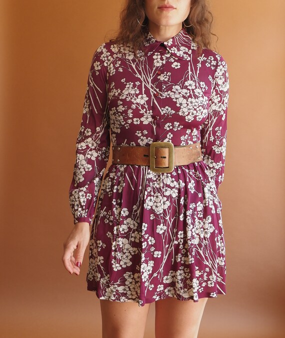 Vintage 70s Floral Mini Dress/1970s Nylon Purple Whit… - Gem