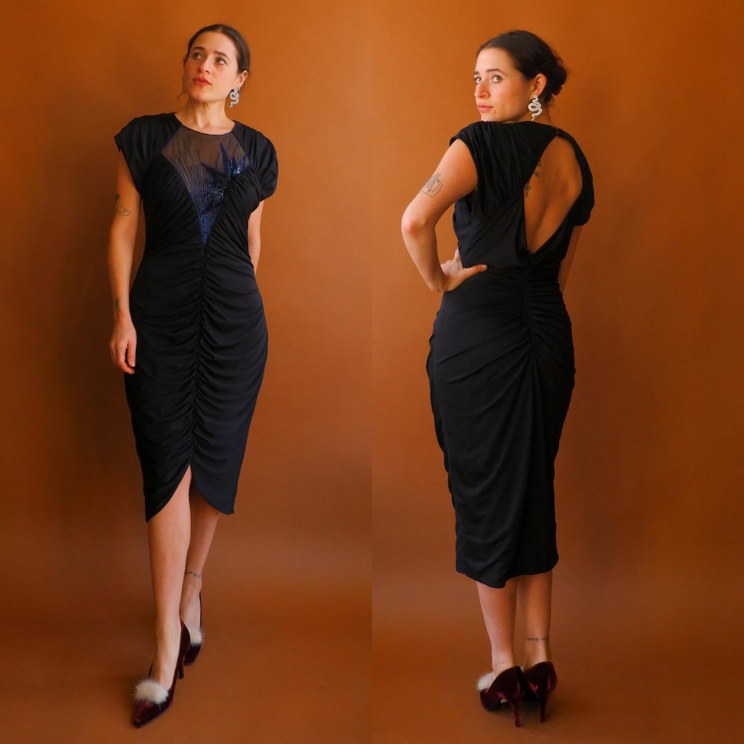 Vintage 80s Slinky Beaded Party Dress/ 1980s Backless Ruched Dress ...