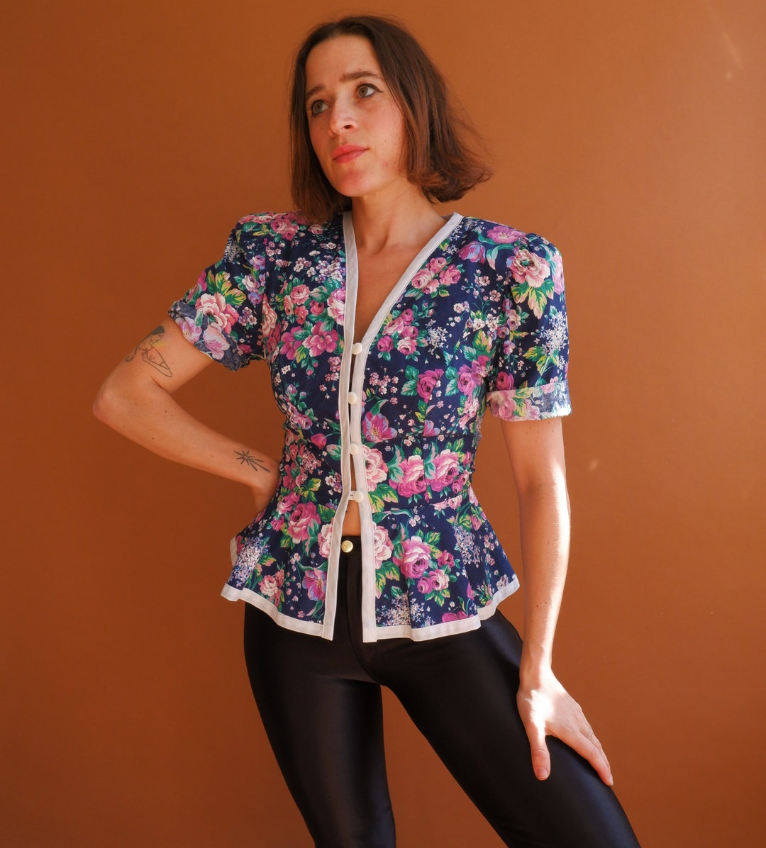 Vintage 80s Floral Puff Sleeve Top/ 1980s Spring Peplum Button up ...