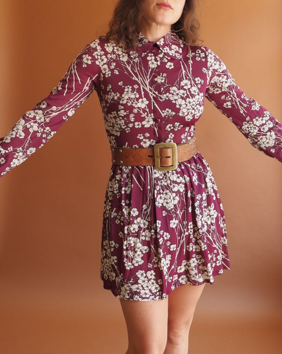 Vintage 70s Floral Mini Dress/1970s Nylon Purple Whit… - Gem