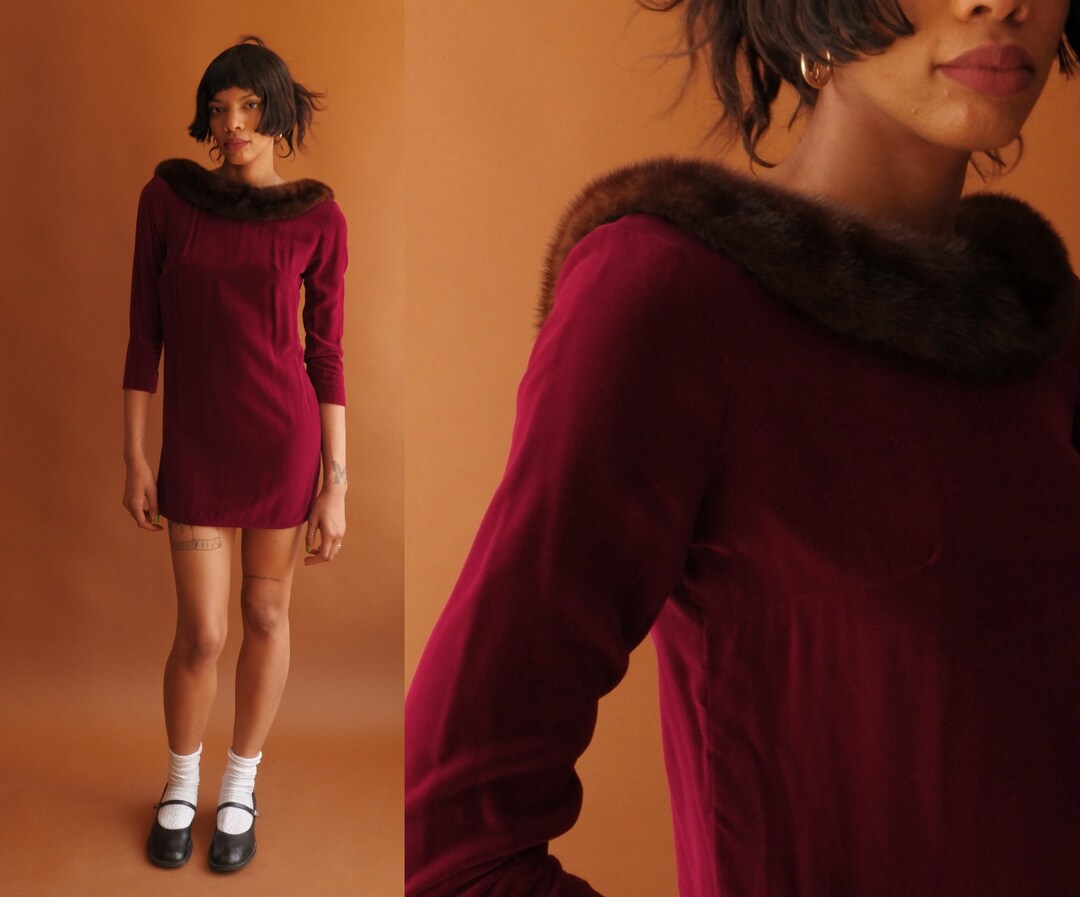 Vintage 60s Mini Dress With Mink Collar/ 1960s Velvet Micro Mini Dress ...