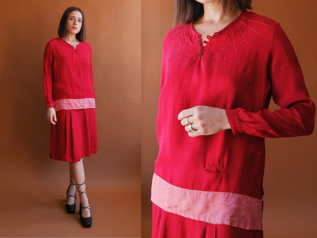 Vintage 20s Raspberry Silk Drop Waist Long Sleeve Dress/ 1920s - Etsy