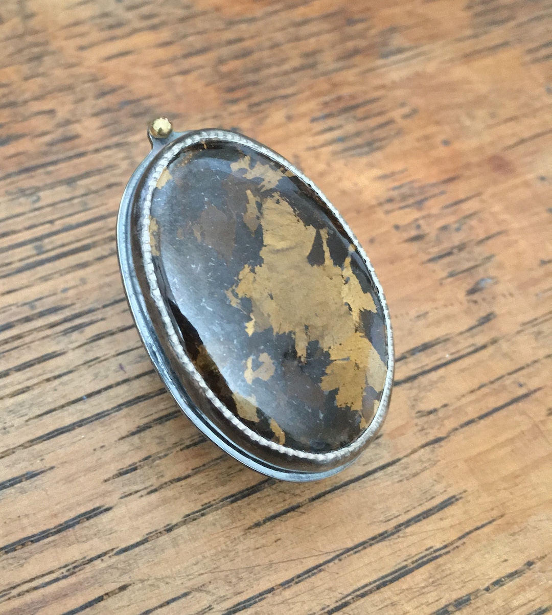 BRONZITE RING Set in Oxidized Fine/argentium Silver With 14k Gold Bead ...