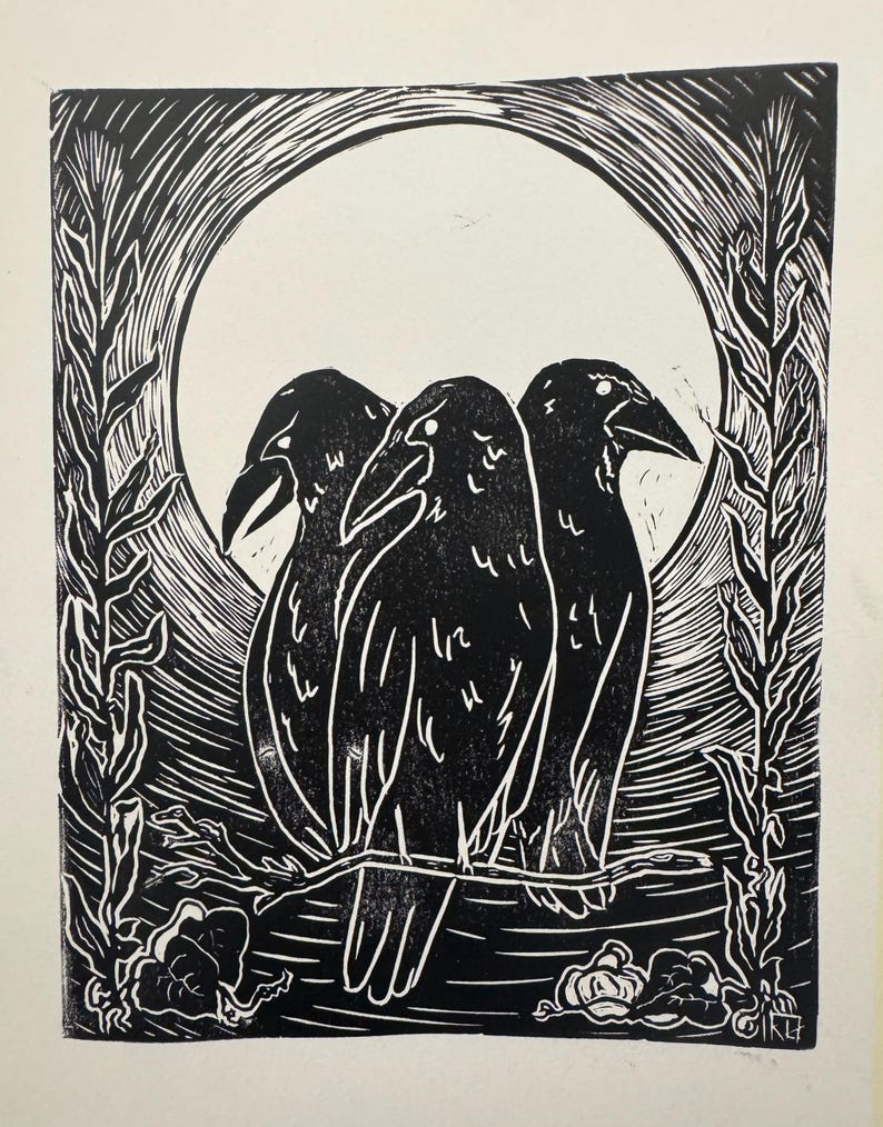 Three Crows Hand Pressed Lino Print - Etsy
