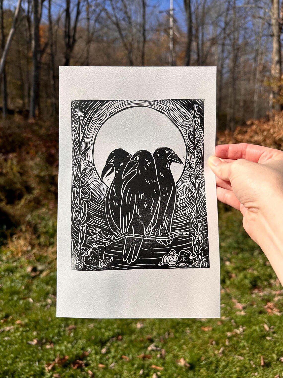 Three Crows Hand Pressed Lino Print - Etsy