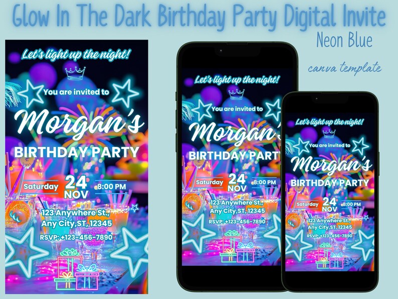 Neon Blue Birthday Digital Invite, Birthday Party Invites, Digital ...