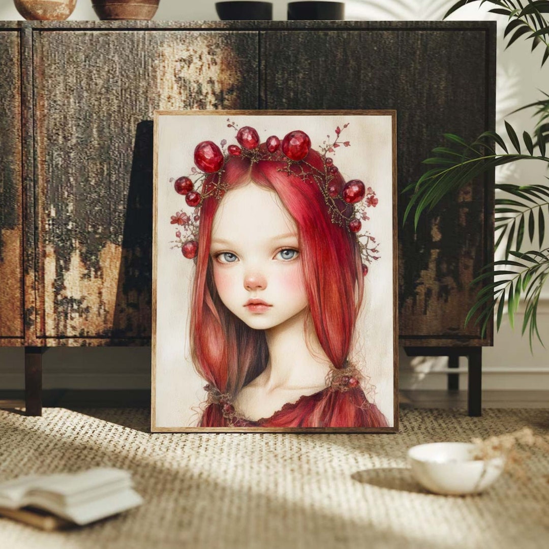 Goth Girl Art Print, Ruby Gemstone Crown With Red Hair, Celestial ...