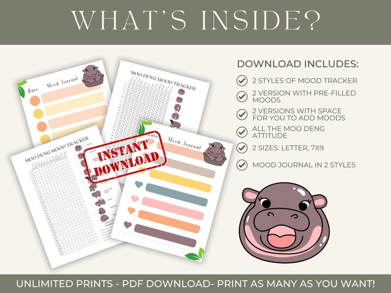 Moo Deng Mood Tracker Printable | Mood Journal & Notes Pages | Baby ...