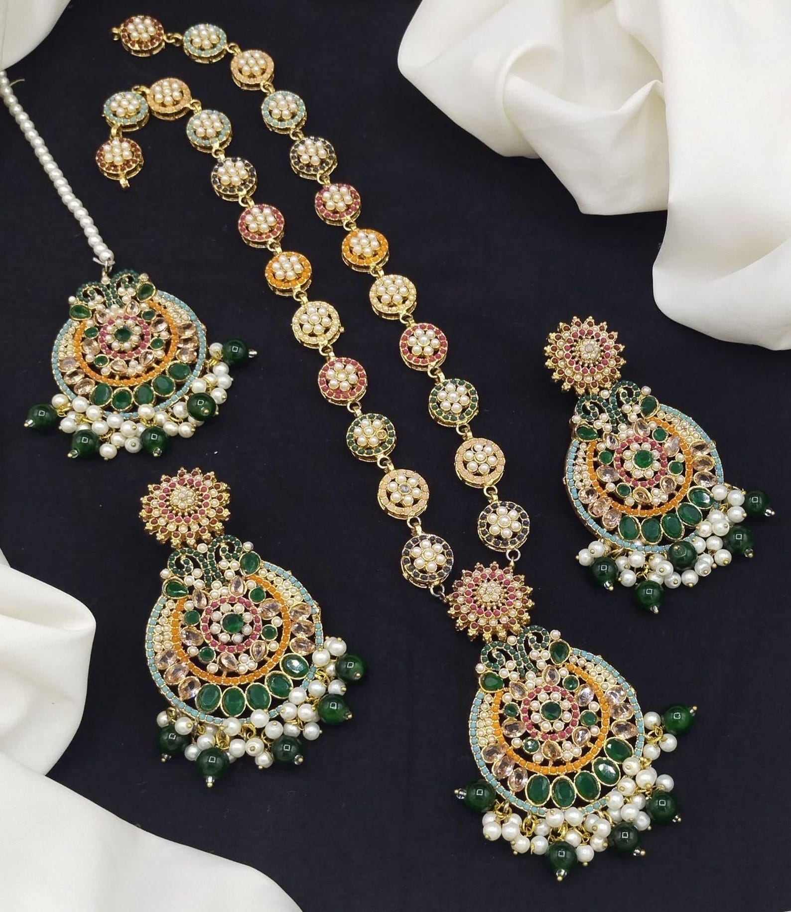 Nauratan Gold Plated Long Mala / Pakistani Indian Jewelry / Bridal ...