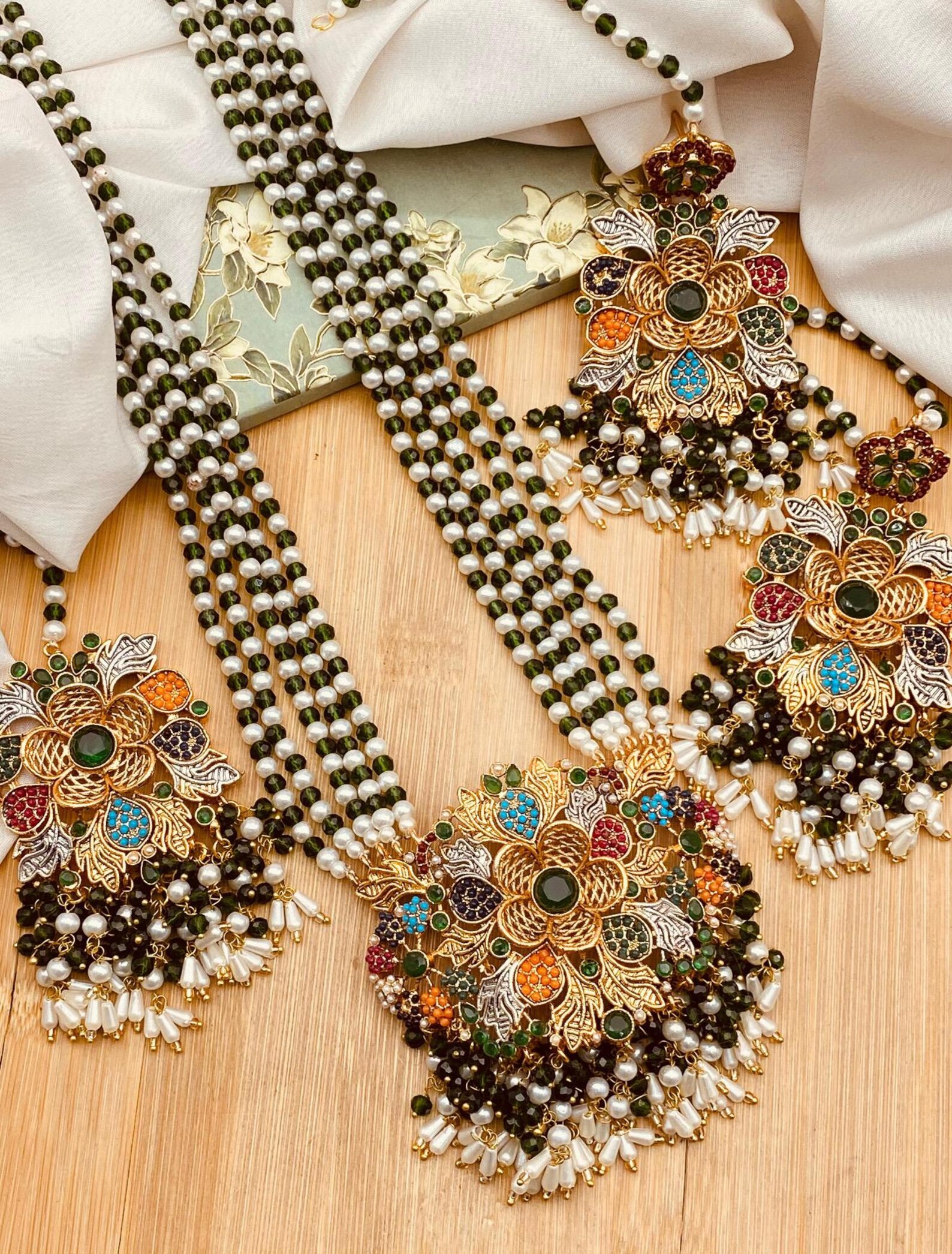 Nauratan Gold Plated Mala Set, Pakistani Indian Jewelry, Bridal Jewelry ...