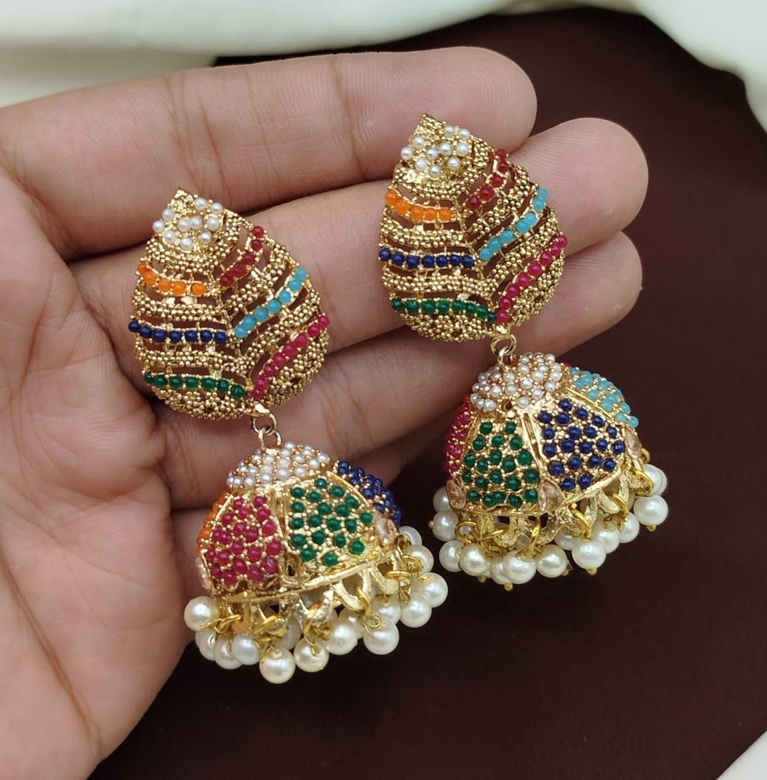 Nauratan Jhumka Earrings Multi Color Jhumkas Pakistani Indian Jewelry ...