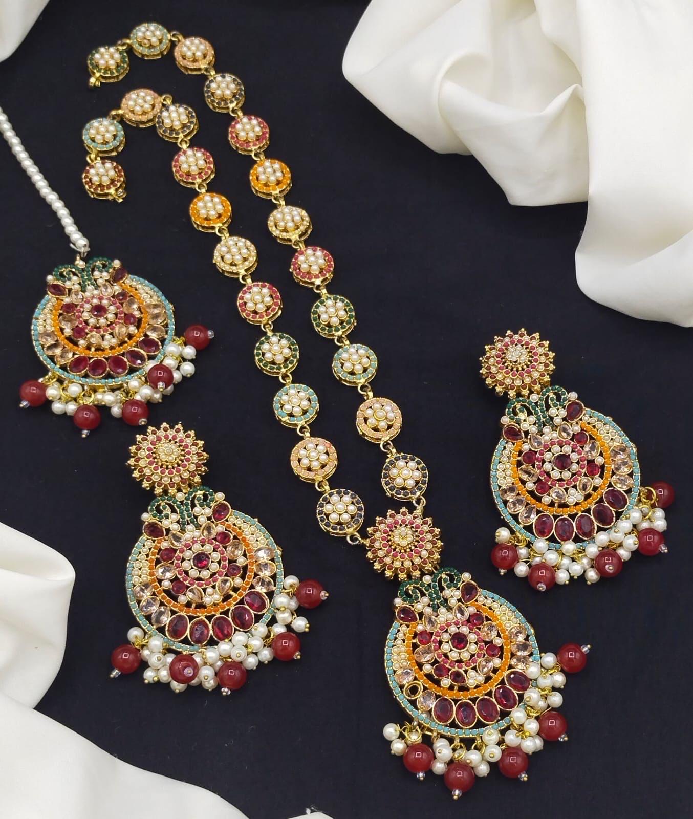 Nauratan Gold Plated Long Mala / Pakistani Indian Jewelry / Bridal ...
