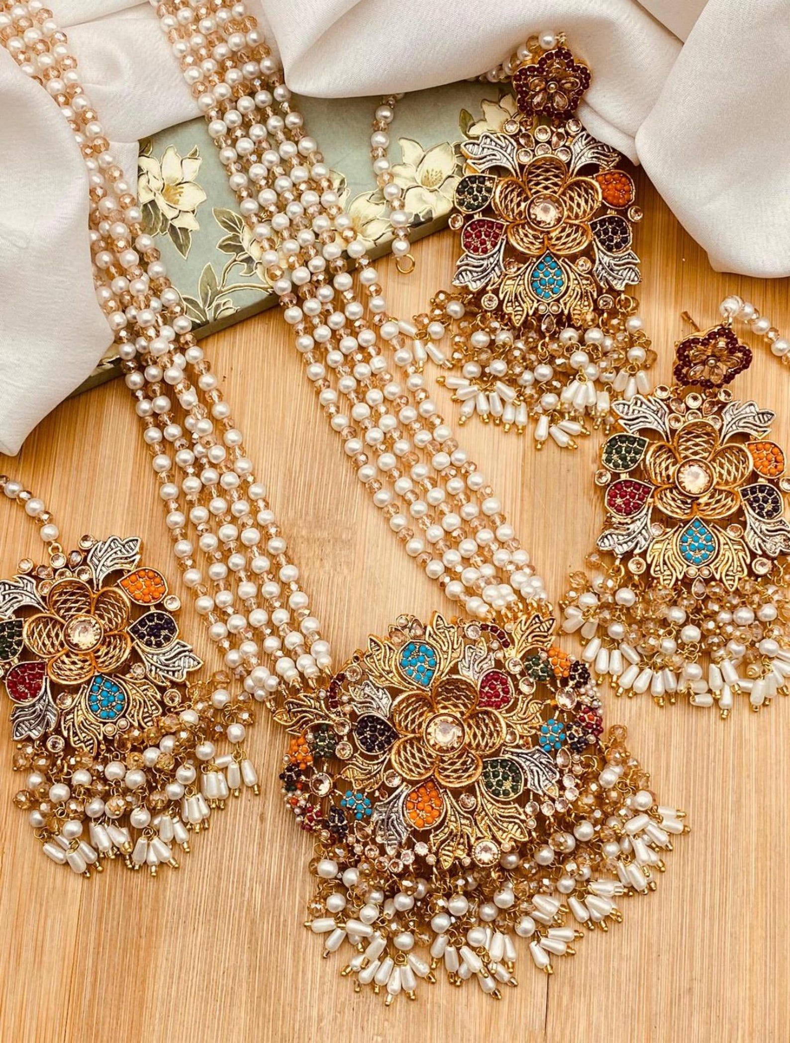 Nauratan Gold Plated Mala Set, Pakistani Indian Jewelry, Bridal Jewelry ...