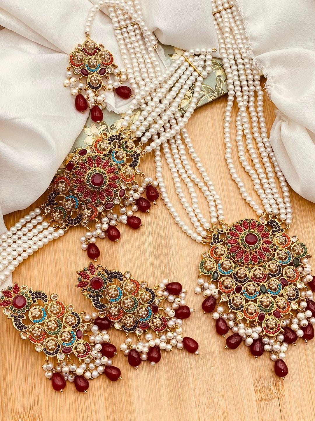 Nauratan Gold Plated Complete Set, Pakistani Indian Jewelry, Bridal ...