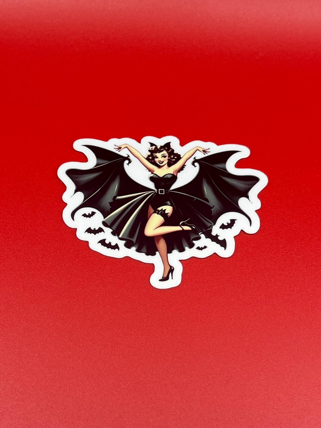 Batty Pin up Girl, Vintage Halloween Sticker - Waterproof Glossy Vinyl ...