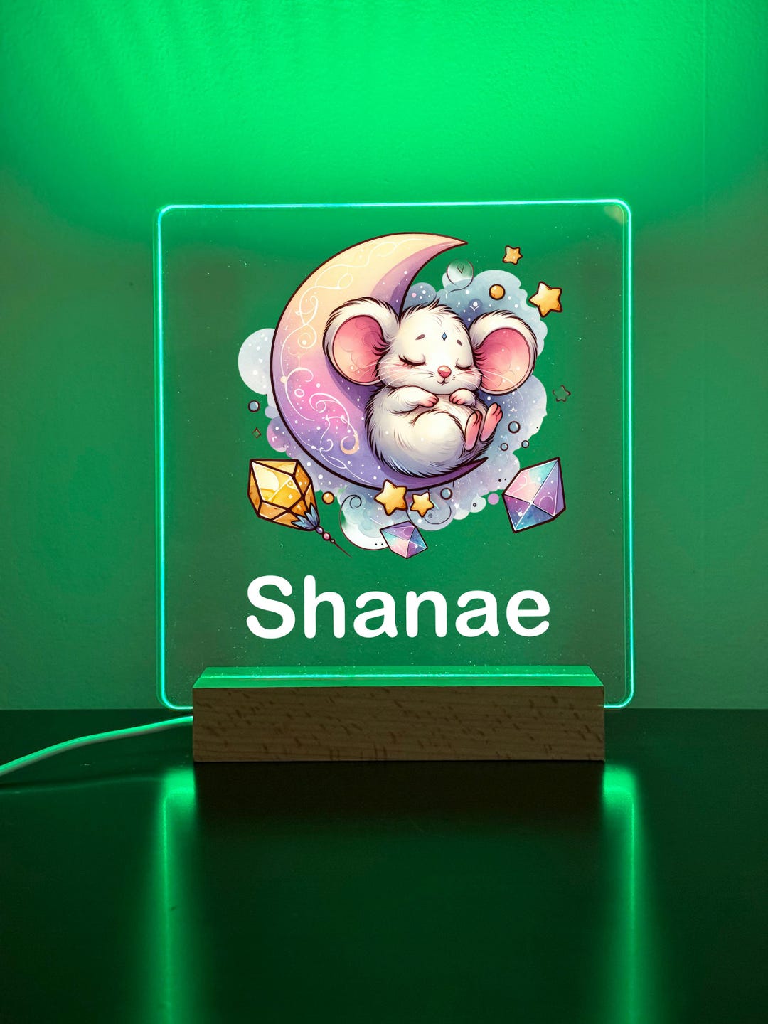 Personalized Mouse on Moon LED 7 Colors Wood Night Light up Table Desk ...