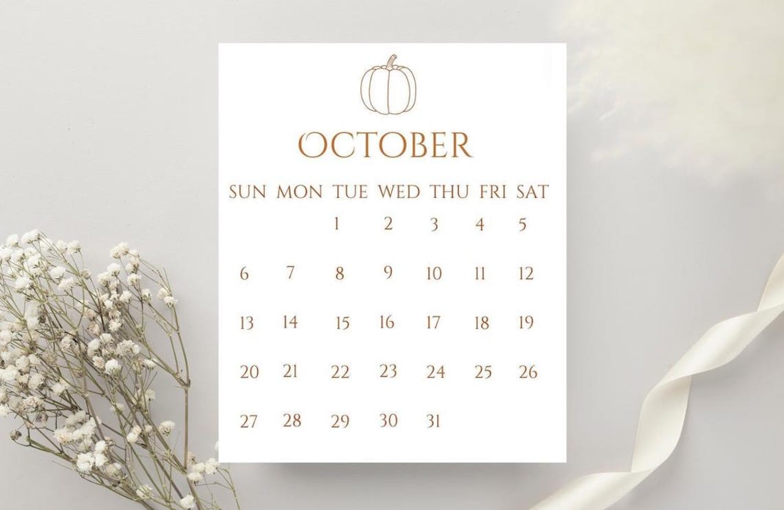 October 2024 Simple Gold Pumpkin Calendar Digital Download - Etsy