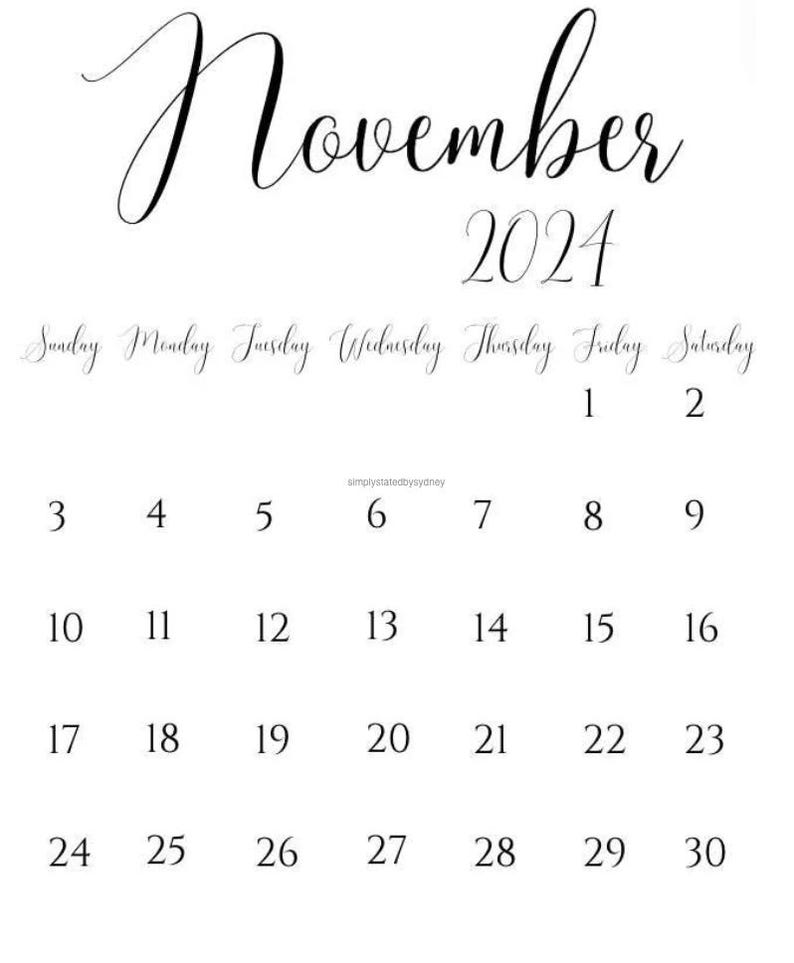 November 2024 B&W Elegant Cursive Calendar Digital Download - Etsy