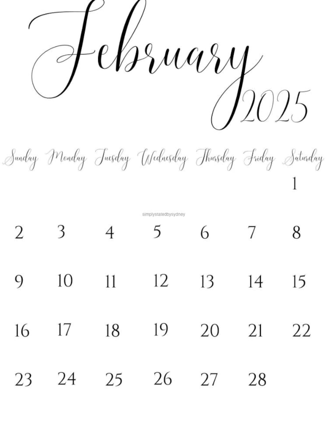 February 2025 B&W Elegant Cursive Calendar Digital Download - Etsy
