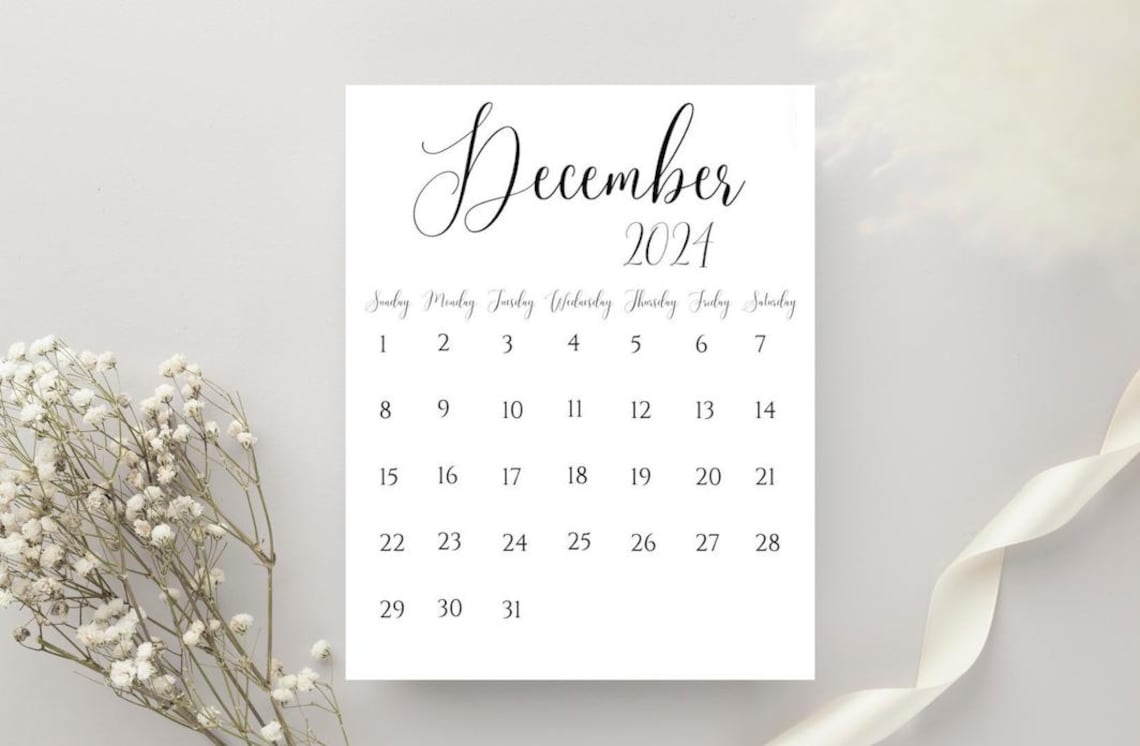 December 2024 B&W Elegant Cursive Calendar Digital Download - Etsy
